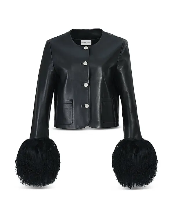 SUSANNA CHOW Leather Cropped Shearling Cuff Jacket