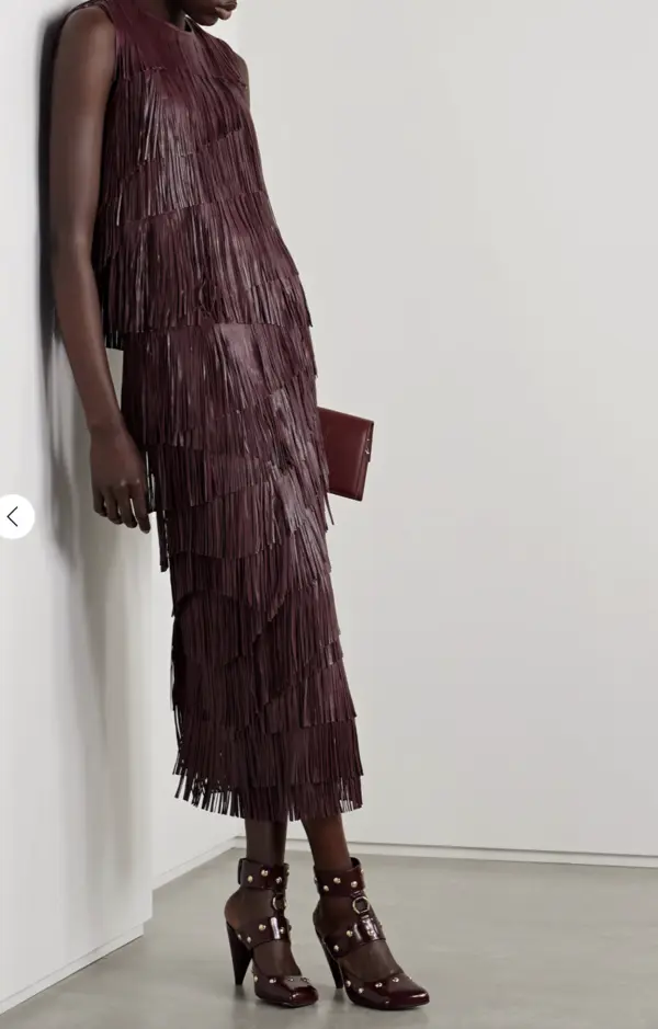 Ulla Johnson Therese Tiered Fringed Leather Midi Skirt - Burgundy