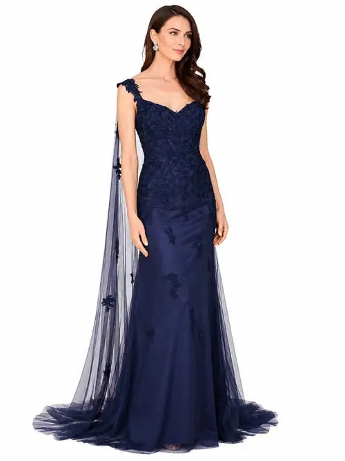 LARA NEW YORK Beaded Off-the-shoulder Mermaid Gown - Navy
