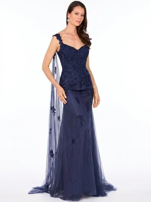 LARA NEW YORK Beaded Off-the-shoulder Mermaid Gown - Navy