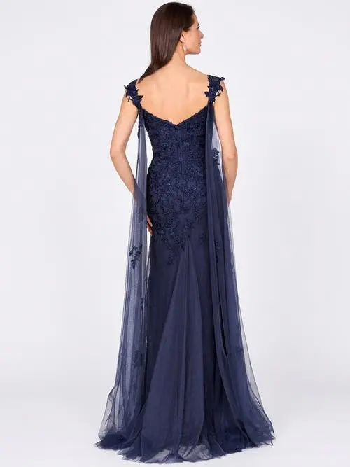 LARA NEW YORK Beaded Gown With Feathers - Navy