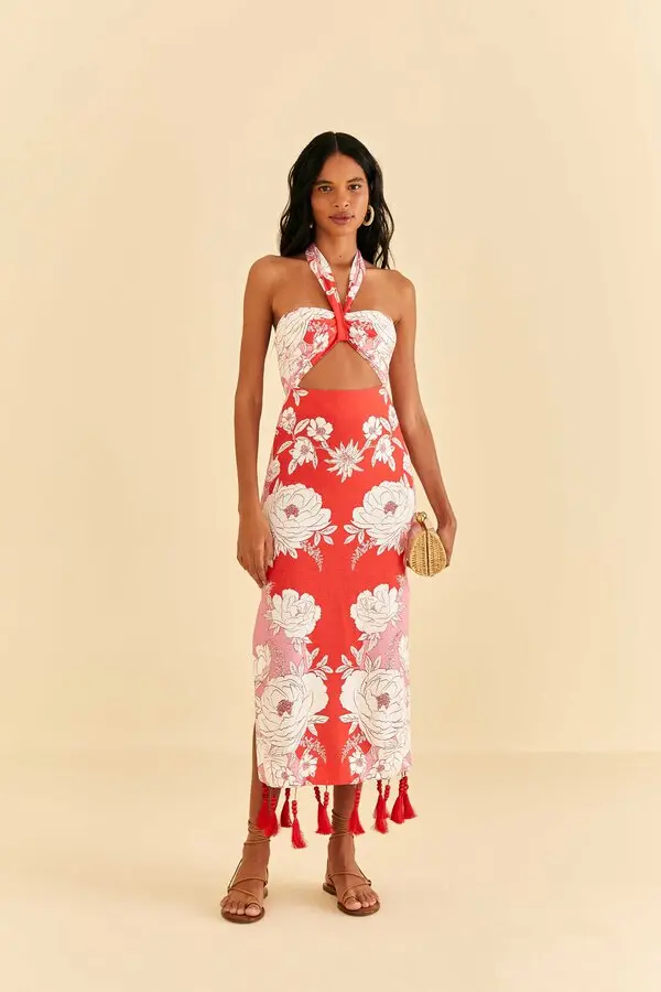 Farm Rio Soft Garden Halter Neck Midi Dress - Soft Garden Pink |  Editorialist
