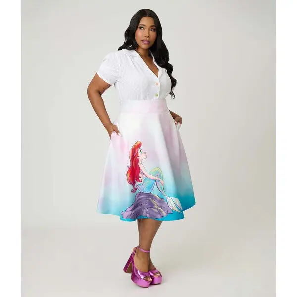 Unique Vintage Vivien Swing Skirt - White Mermaid Print