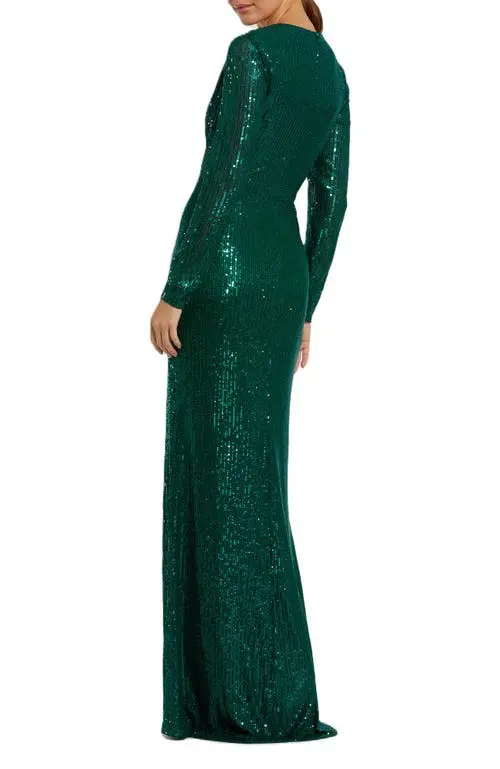 Mac Duggal Sequin Long Sleeve High Neck Column Gown - Emerald