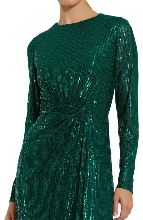 Mac Duggal Sequin Long Sleeve High Neck Column Gown - Emerald