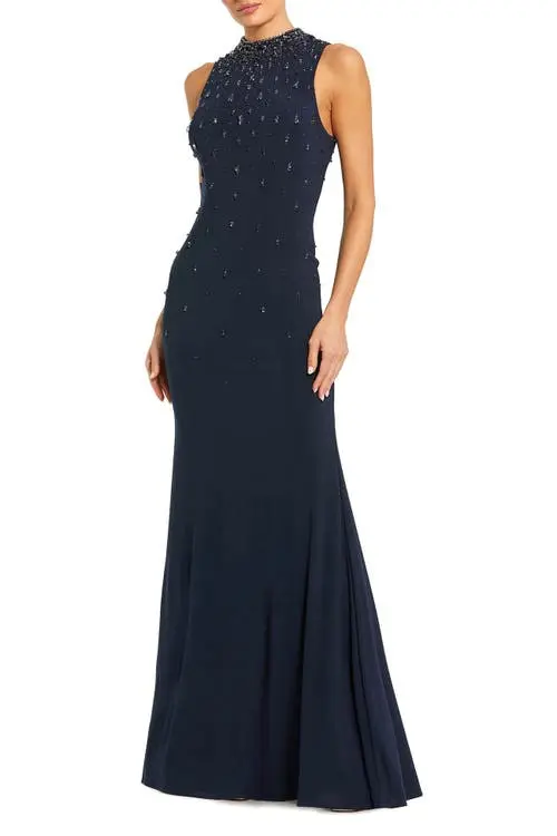 Mac Duggal High Neck Sleeveless Beaded Jersey Gown - Navy