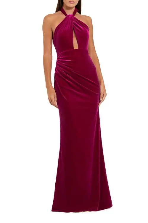 Mac Duggal Velvet Halter Column Gown With Keyhole - Berry