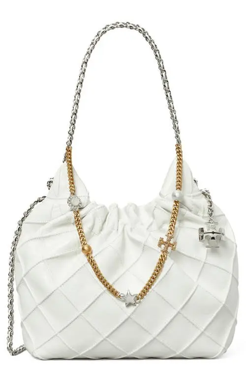 Tory Burch Mini Fleming Distressed Leather Hobo Bag - Blanc
