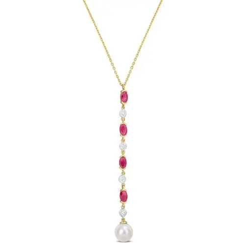 JULIANNA B. 10k Yellow Gold Pearl, And Diamond Lariat Necklace - Ruby