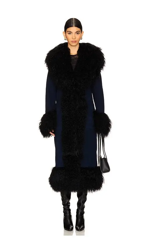 SUSANNA CHOW Dorothy Suede Maxi Coat With Fur Trim - Navy Blue & Black