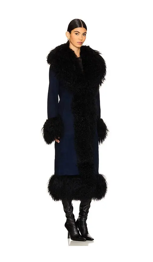 SUSANNA CHOW Dorothy Suede Maxi Coat With Fur Trim - Navy Blue & Black