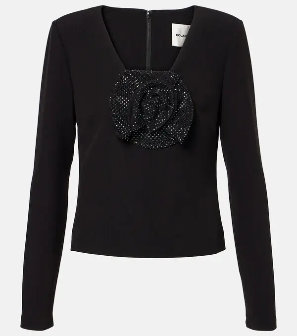 Roland Mouret Floral-appliqué Embellished Crêpe Top - Black