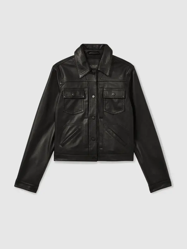 REISS Ely Leather Trucker Jacket - Black