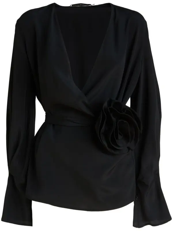 SIMONA CORSELLINI Floral Appliqué Wrap Blouse - Black