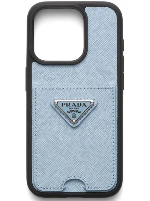 Prada Triangle-logo Iphone 15 Pro Case - Blue