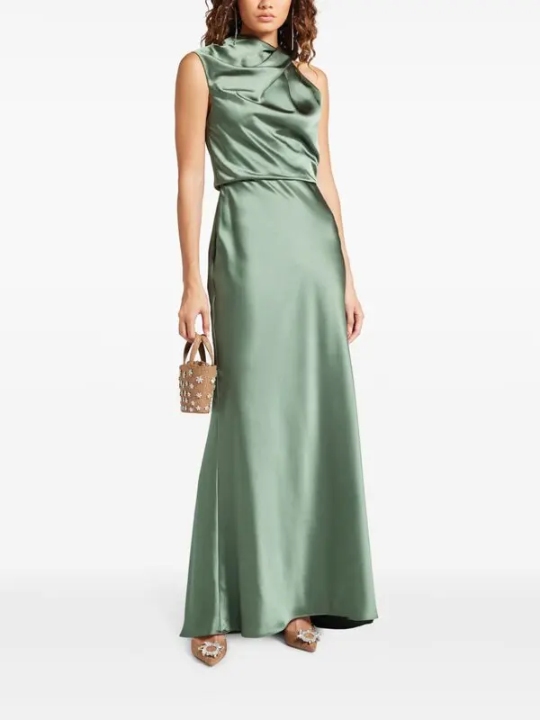 Amsale Satin Draped-Neck Maxi Dress - Green | Editorialist