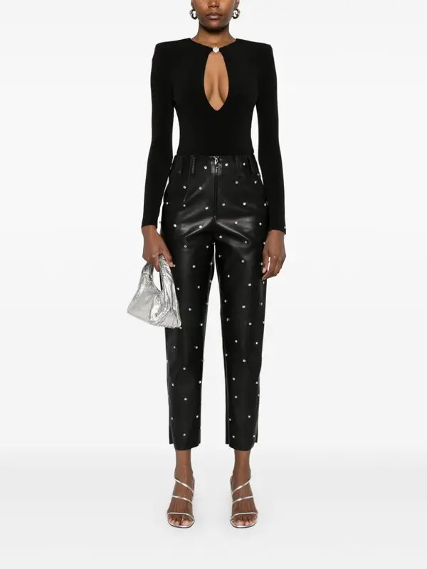 NISSA Crystal-embellished Faux Leather Trousers