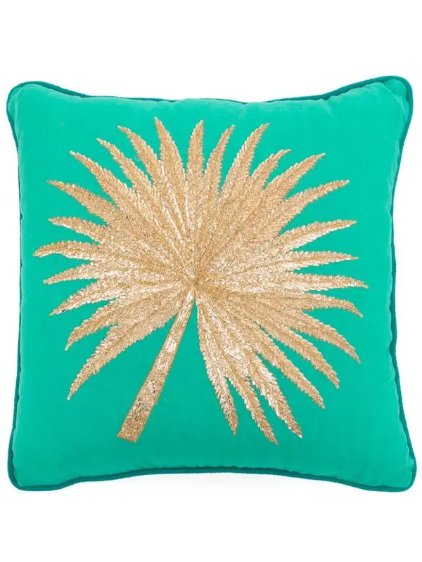 LES-OTTOMANS Hand-embroidered Linen Cushion - Green
