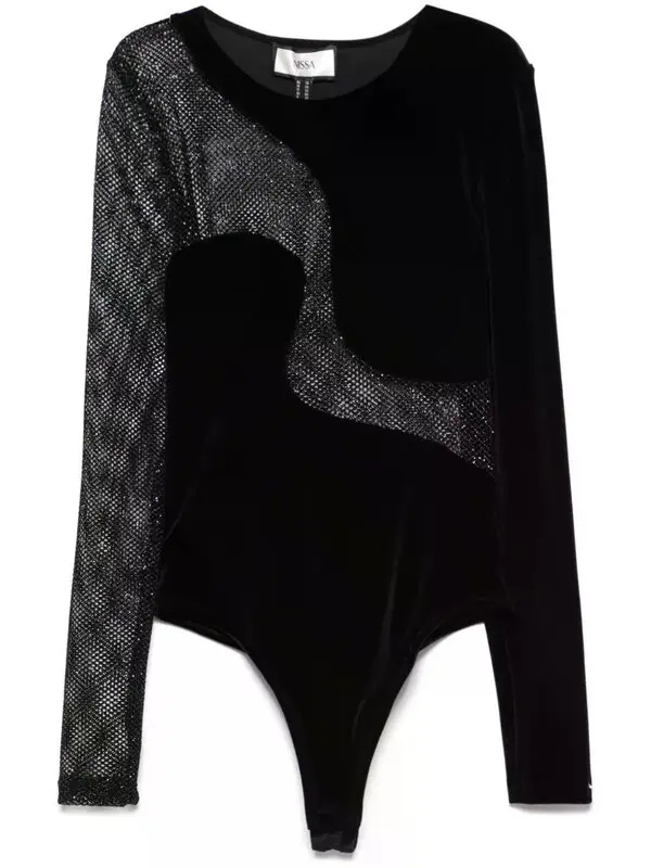 NISSA Mesh-panel Velvet Bodysuit