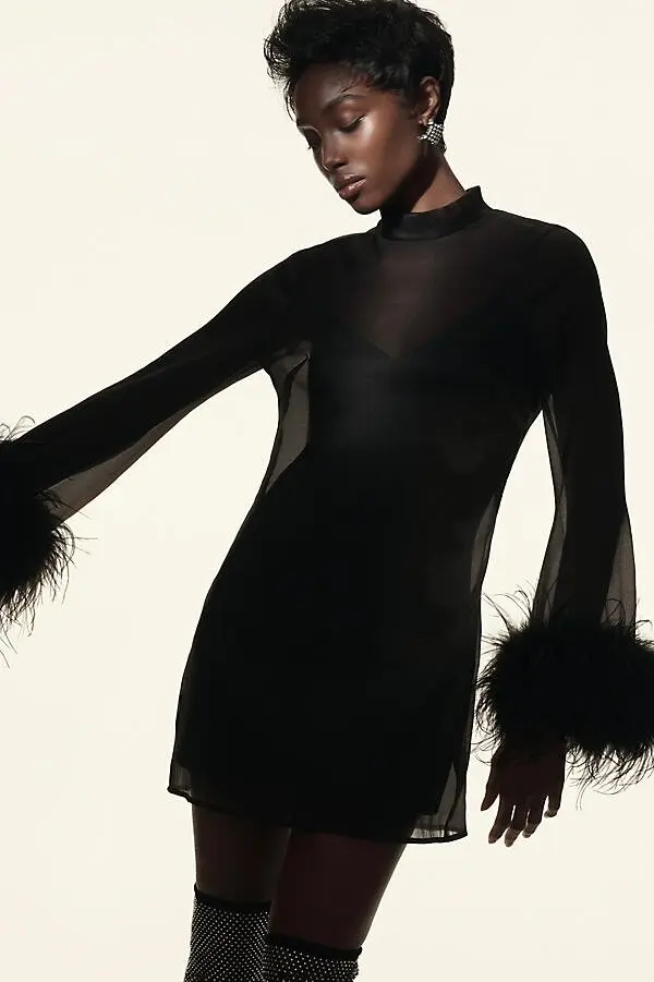 fitted lace wedding dress Knit Crepe Long Sleeve Blazer Dress with Feather Trim in Black main image 0
