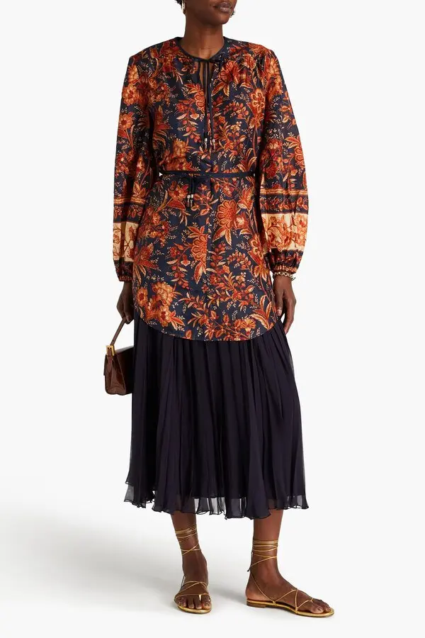 Zimmermann Belted Floral-print Silk-habotai Tunic