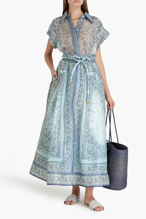 Zimmermann Paisley-print Linen And Silk-blend Gauze Maxi Skirt - Sky Blue