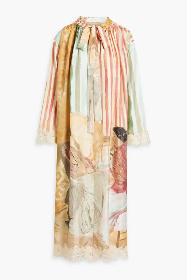 Zimmermann Corded Lace-paneled Printed Silk-twill Midi Dress - Multicolor