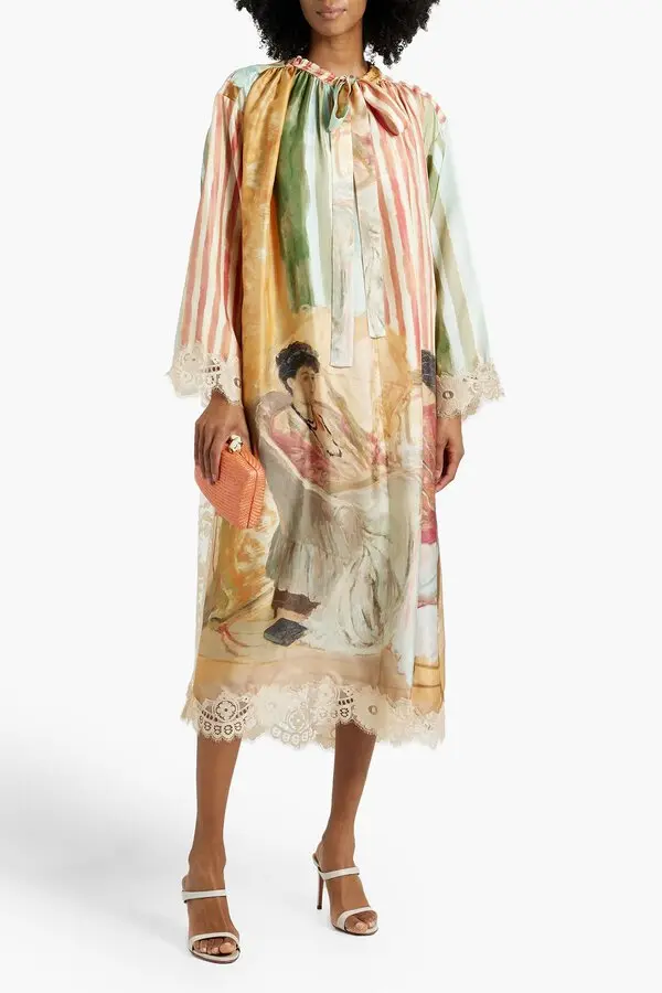 Zimmermann Corded Lace-paneled Printed Silk-twill Midi Dress