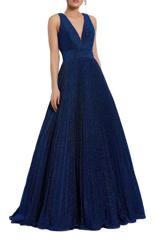 Mac Duggal Shimmering Georgette Pleated Gown - Royal