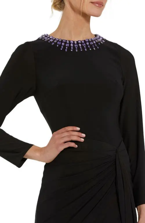 Mac Duggal Long Sleeve Jersey Ruched Gown With Beaded Neck