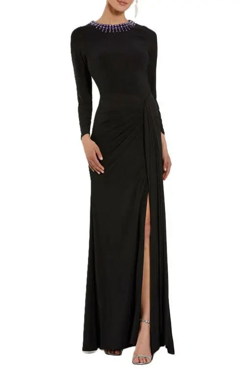 Mac Duggal Long Sleeve Jersey Ruched Gown With Beaded Neck - Black