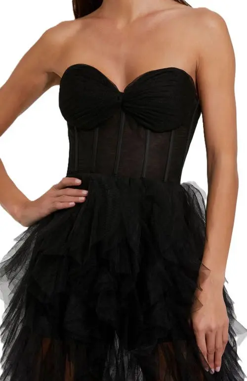 Mac Duggal Strapless Bustier Net Gown With Spiral Ruffles - Black
