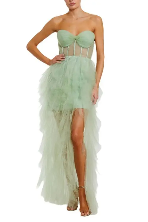 Mac Duggal Strapless Bustier Net Gown With Spiral Ruffles - Sage