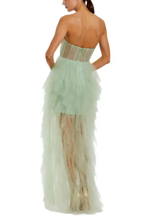 Mac Duggal Strapless Bustier Net Gown With Spiral Ruffles - Sage