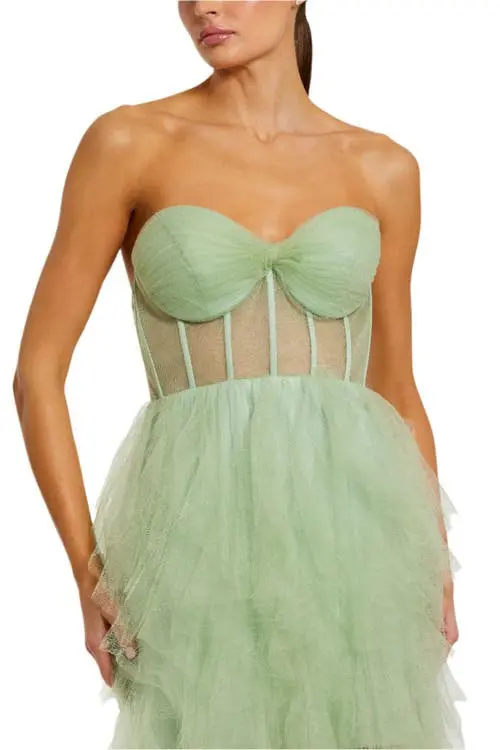 Mac Duggal Strapless Bustier Net Gown With Spiral Ruffles - Sage