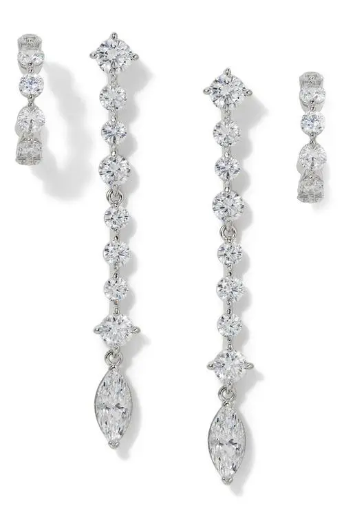 Nadri Cassi Huggie Hoops And Linear Drop Earrings Set - Rhodium