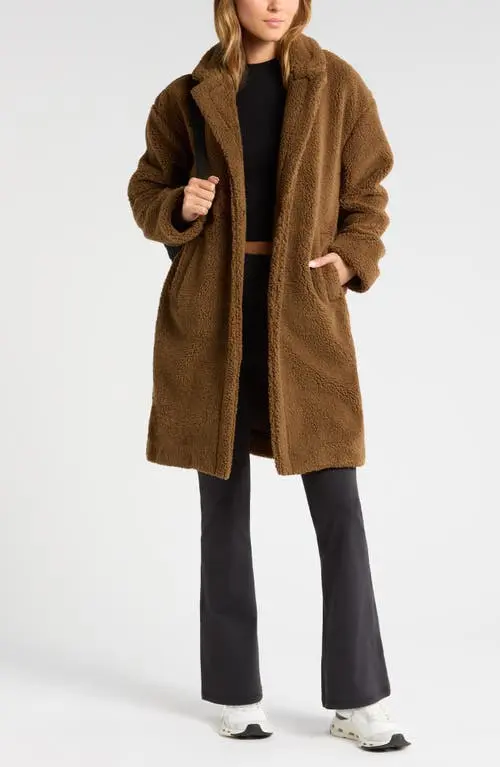 Zella Faux Shearling Longline Coat - Brown Teak