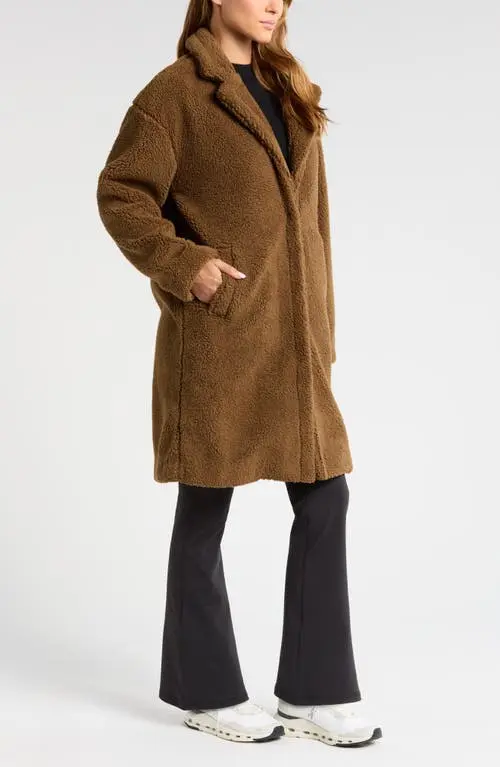 Zella Faux Shearling Longline Coat - Brown Teak