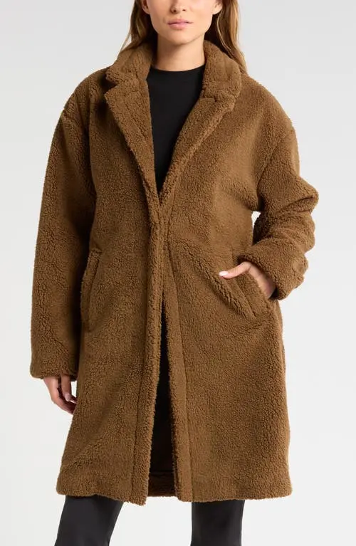 Zella Faux Shearling Longline Coat - Brown Teak