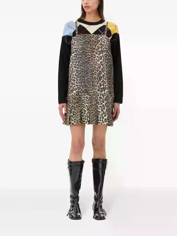 GANNI Leopard-print Pleated Mini Dress - Neutrals