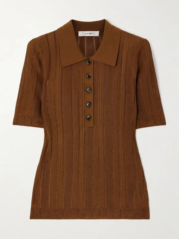 FRAME Ribbed-knit Polo Shirt - Brown