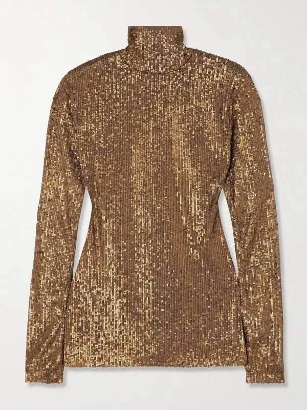 Norma Kamali Sequined Stretch-mesh Turtleneck Top - Metallic