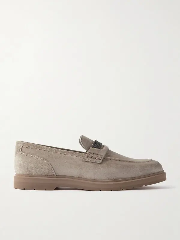 Brunello Cucinelli Embellished Suede Loafers - Gray