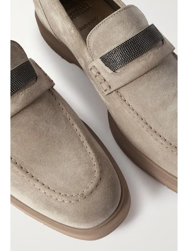 Brunello Cucinelli Embellished Suede Loafers - Gray