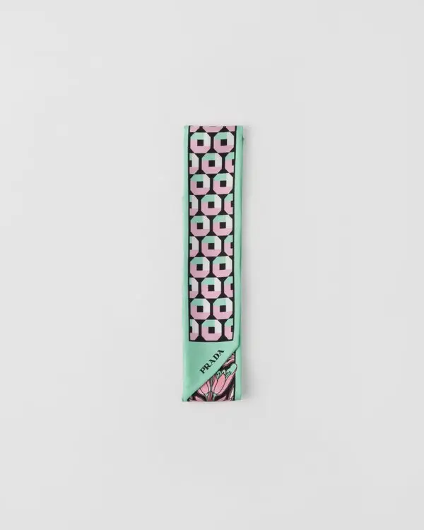 Prada Printed Silk Twill Skinny Scarf - Mint/petalus