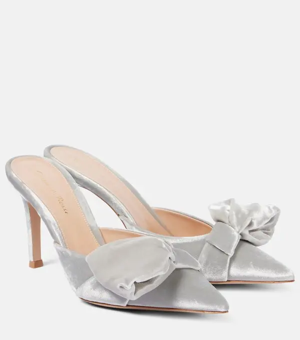 GIANVITO ROSSI 85 Bow-detail Velvet Mules - Silver