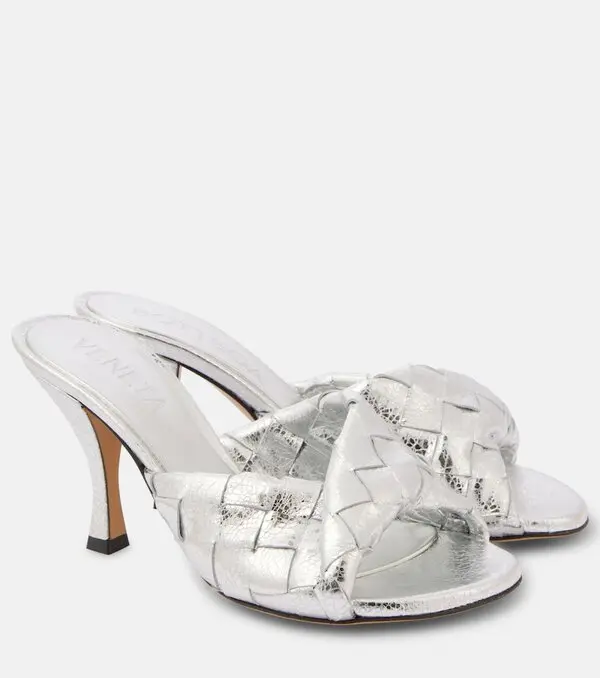 Bottega Veneta Blink Intrecciato 80 Metallic Leather Mules - Silver