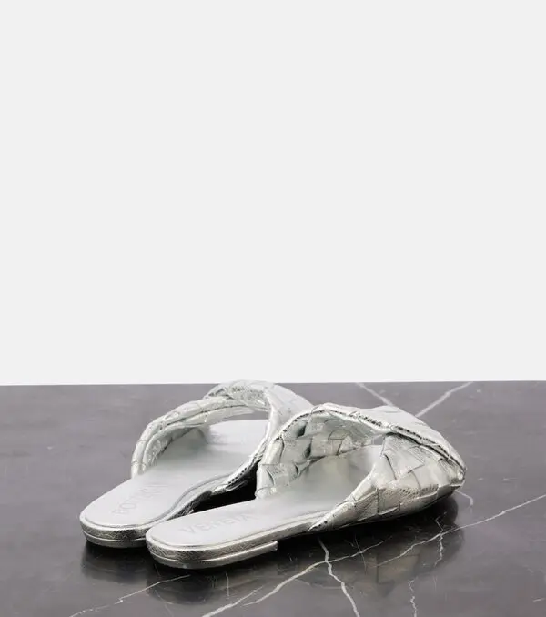 Bottega Veneta Blink Intrecciato Leather Mules - Silver