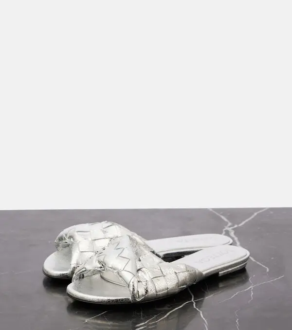 Bottega Veneta Blink Intrecciato Leather Mules - Silver