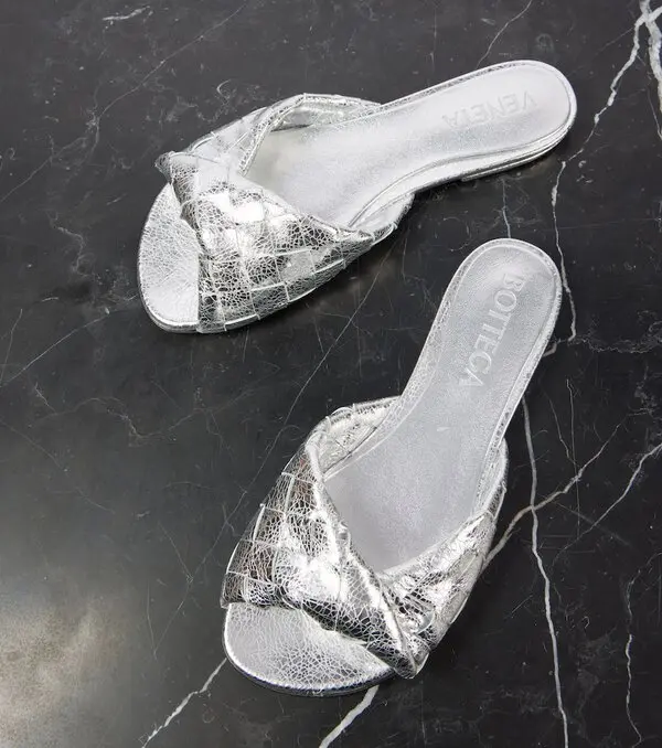Bottega Veneta Blink Intrecciato Leather Mules - Silver